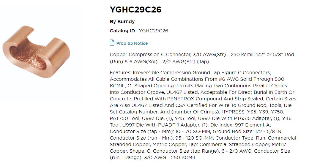 COMPRESSION C CONNECTOR COPPER 3/0 AWG STR - 250 KCMIL 1/2" - 165 YGHC29C26