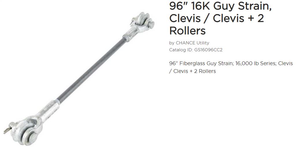 INSUL GUY STRAIN 96"16K CLEVIS/CLEVIS W/2 ROLLERS - 192 GS16096CC2